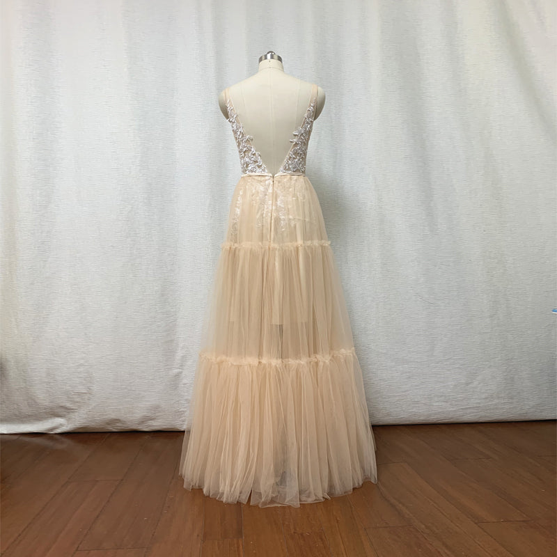 Boho Prom Dress Champagne Tulle Lace Wedding Dress – DressCulture