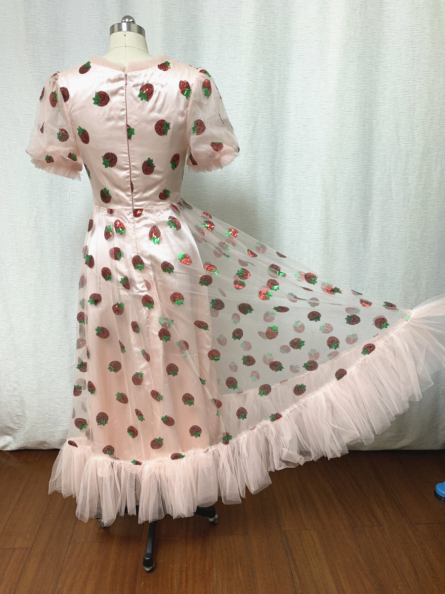 Strawberry Tulle Midi Prom Dress Made-to-Order with Puffy Sleeves ...