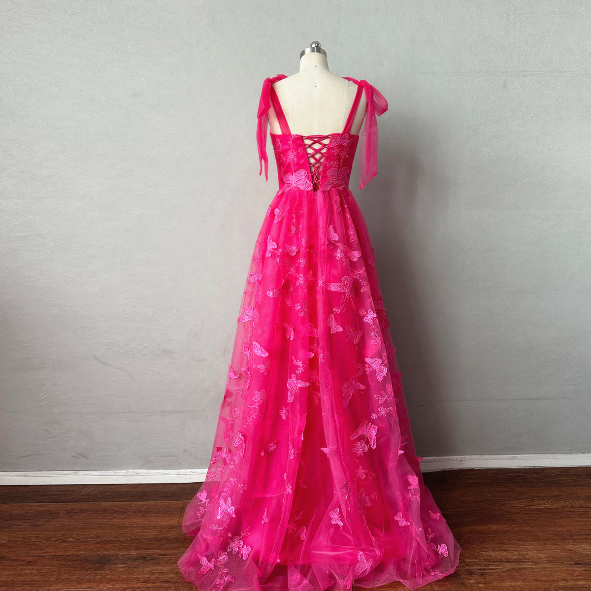 Fuchsia Butterfly Floral Tulle Prom Dress Corset Back with Slit ...